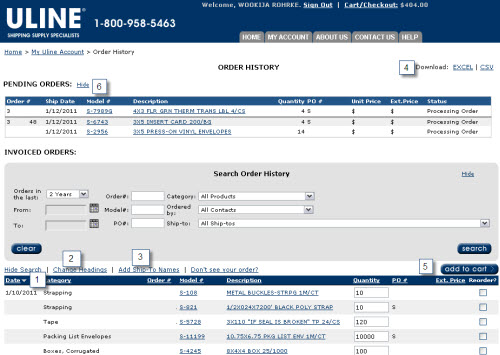 Uline FAQ: What can I do in the Order History screen?